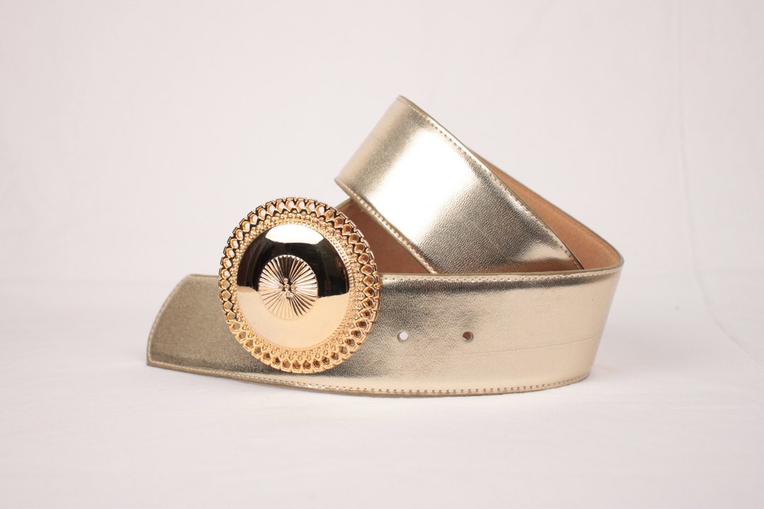 80s Gold Leather Belt // Milor // Medallion Buckle - Etsy