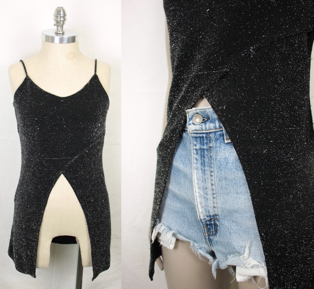 Y2K Club Tank // Navel Cut Out // Black Silver Sparkle - Etsy