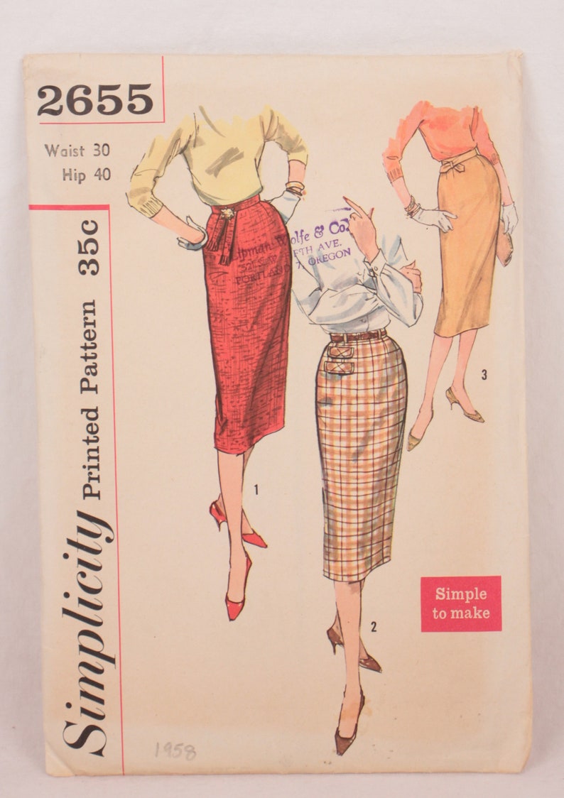 1950s Simplicity 2655 // belted sheath skirts // waist 30 hip | Etsy