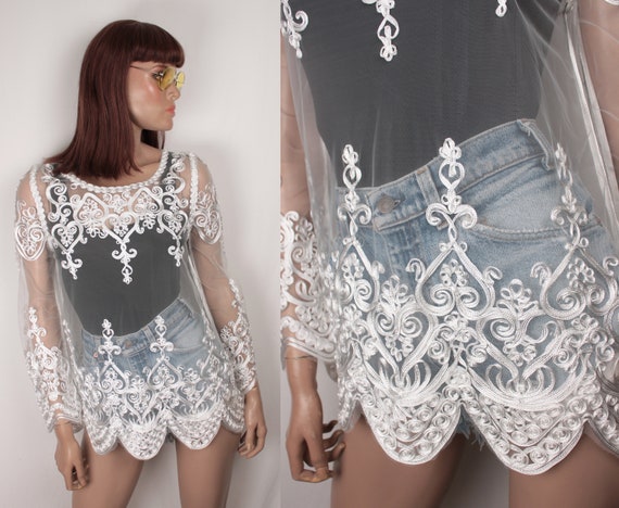 vintage sheer mesh tunic // soutache // a line - Gem