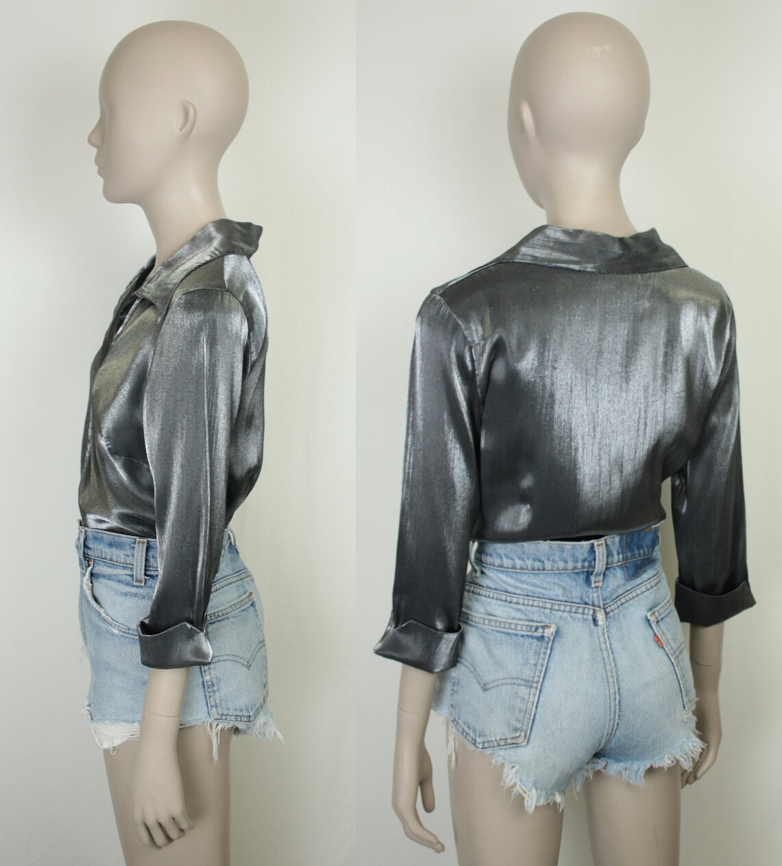 Y2K Silver Metallic Shirt // Cuffed Sleeves - Etsy