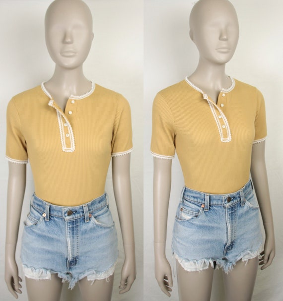 70s ribbed bodysuit // short sleeve henley - Gem