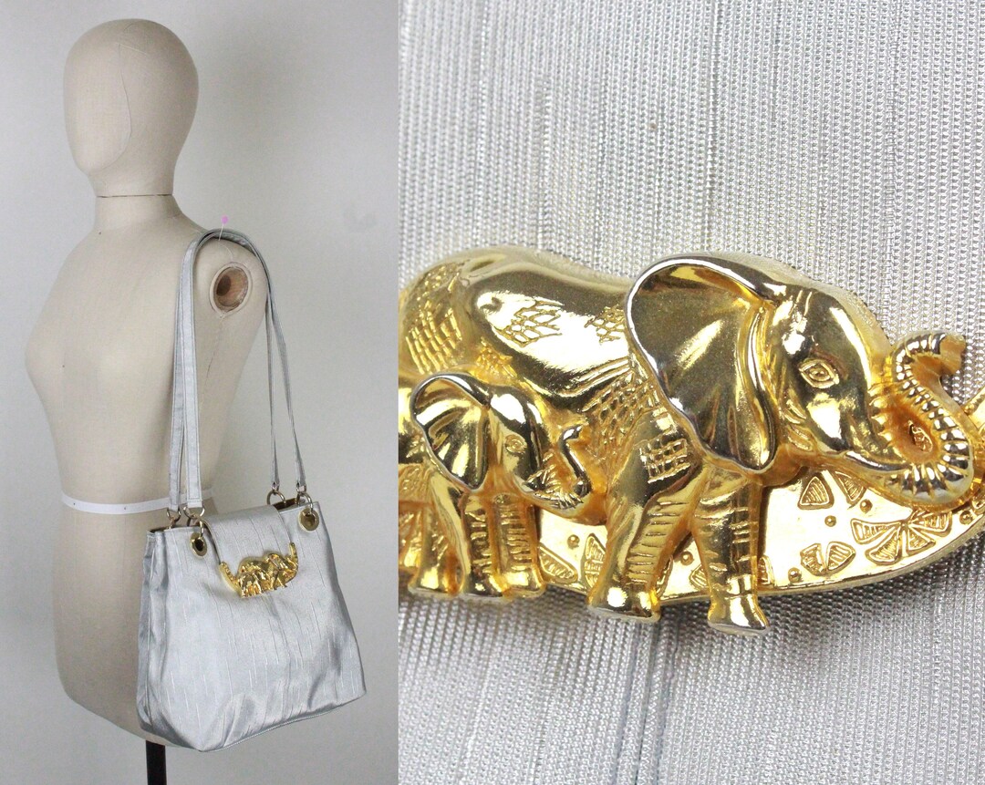 90s Y2K Silver Vinyl Bag // Gold Elephant Closure // Tons of - Etsy