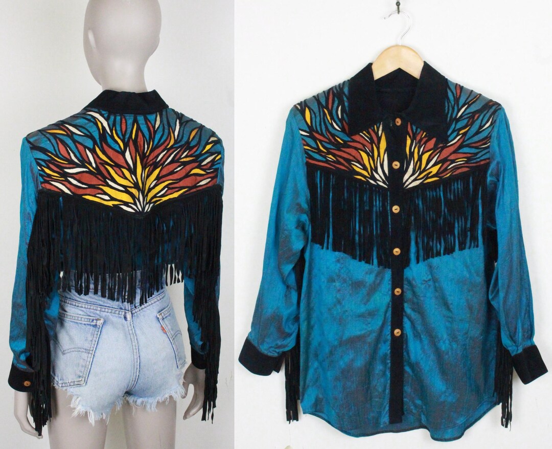 Vintage Western Blouse // Leather Fringe // Silk Dupioni - Etsy