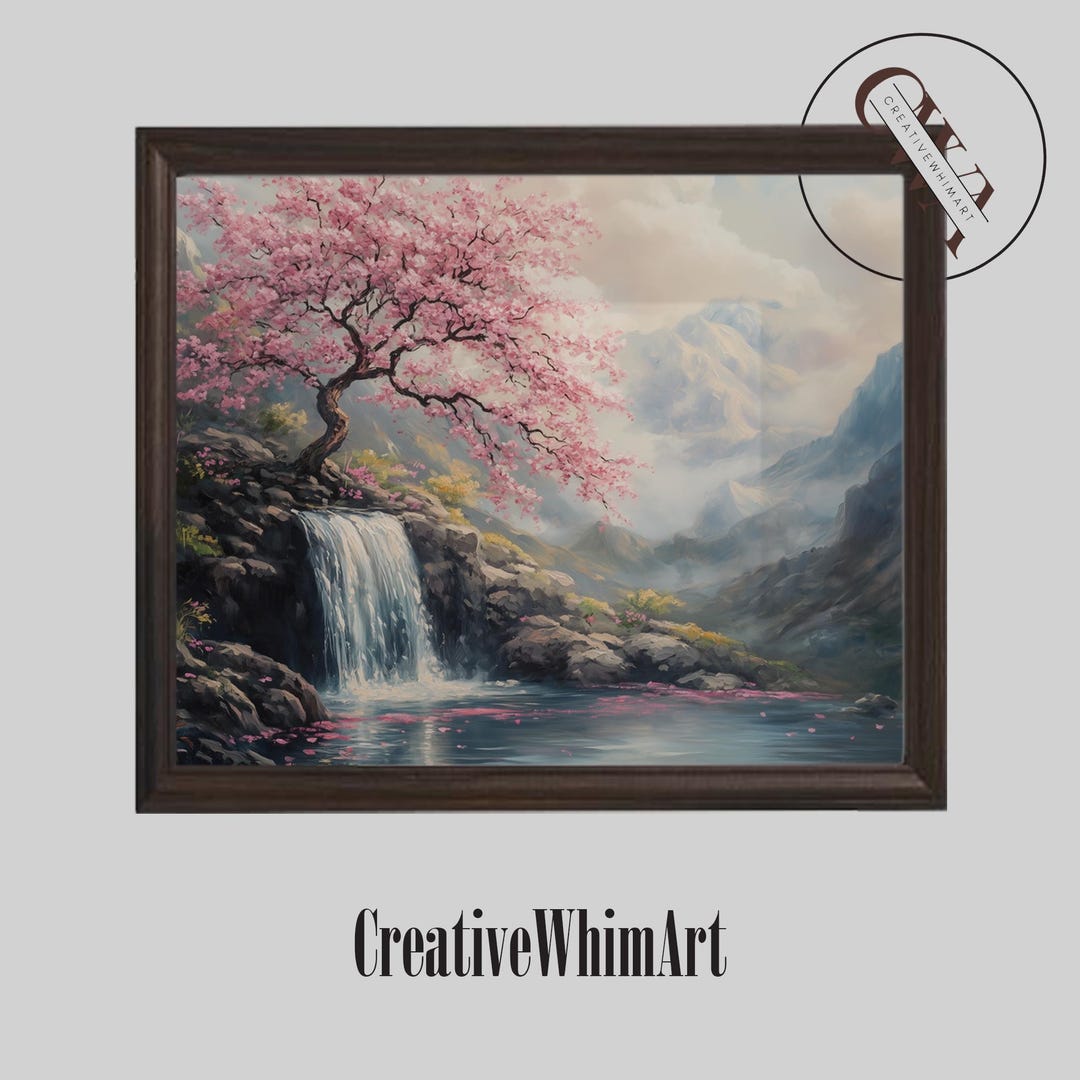 Cottagecore Cherry Blossom Tree by Waterfall - Classic Landscape ...