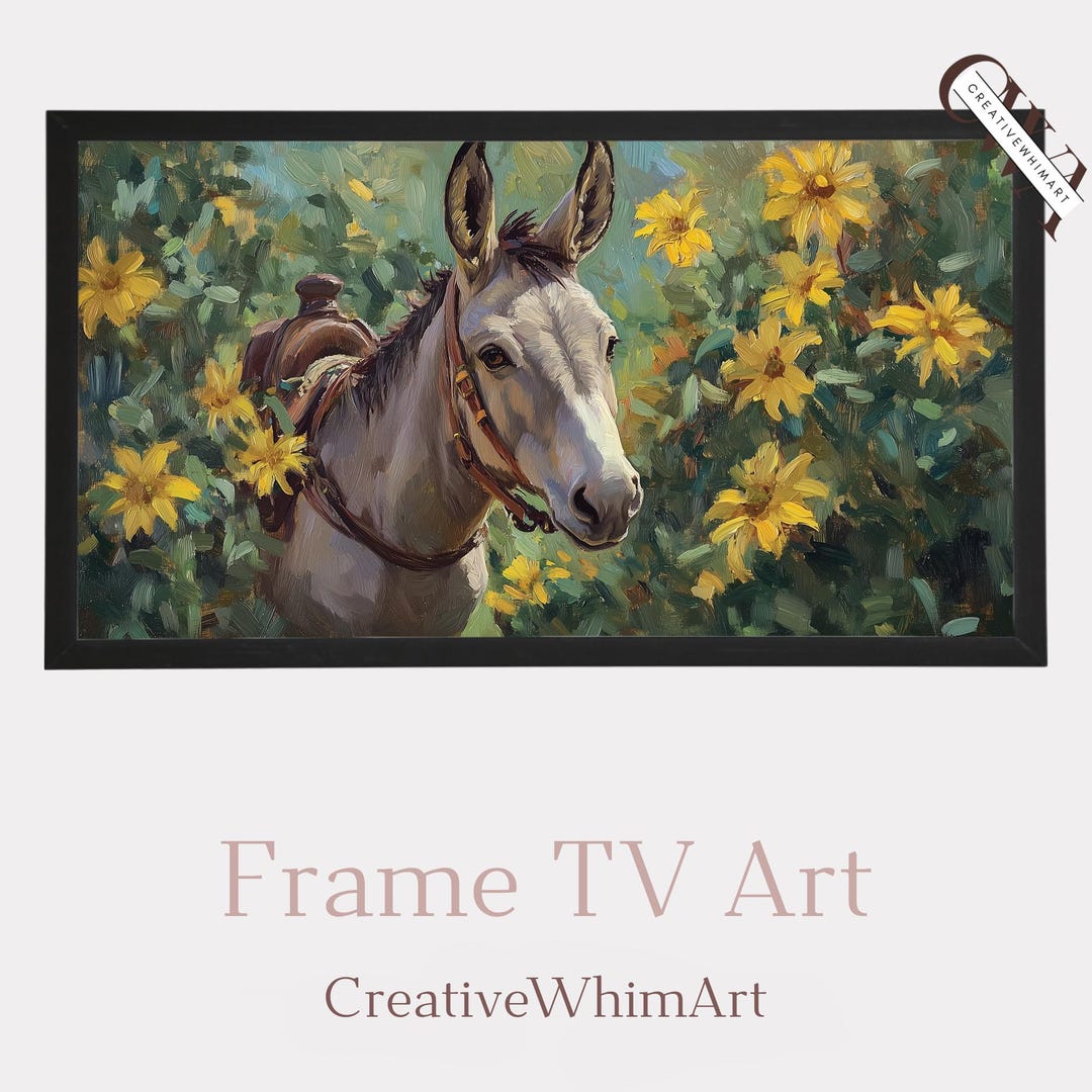 Rustic Donkey Portrait Frame TV Art, Cottagecore Farm Animal Painting ...