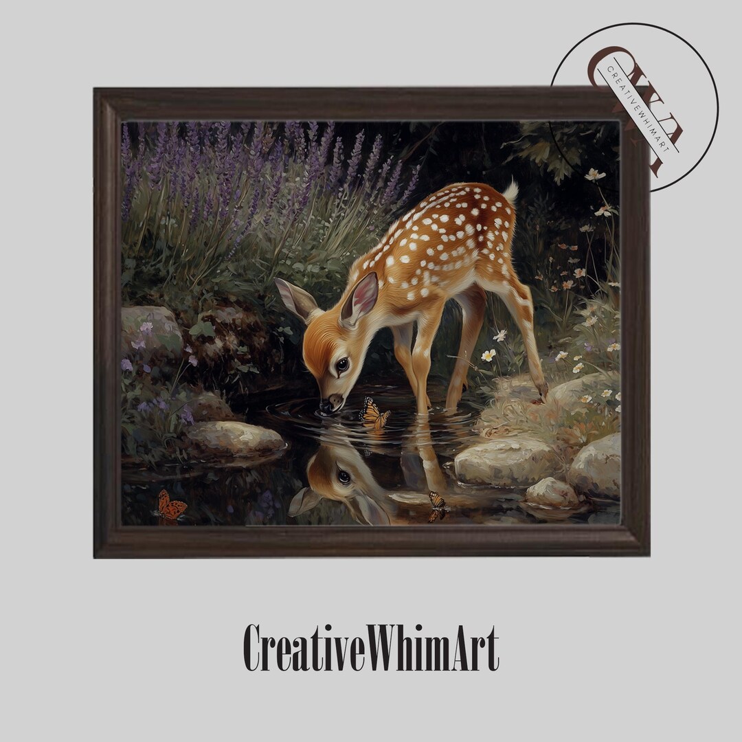 Rustic Woodland Fawn at Pool - Cozy Earthy Landscape Art, Mossy Stones ...
