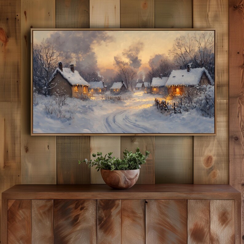 Rustic Winter Village Frame TV Art, Cottagecore Snowy Scene With Cozy ...