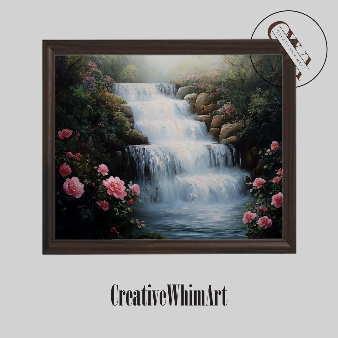 Tranquil Cascade Waterfall Painting - Cottagecore Landscape Art ...