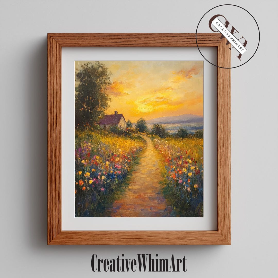 Cottagecore Sunset Pathway - Warm Countryside Painting With Wildflowers ...