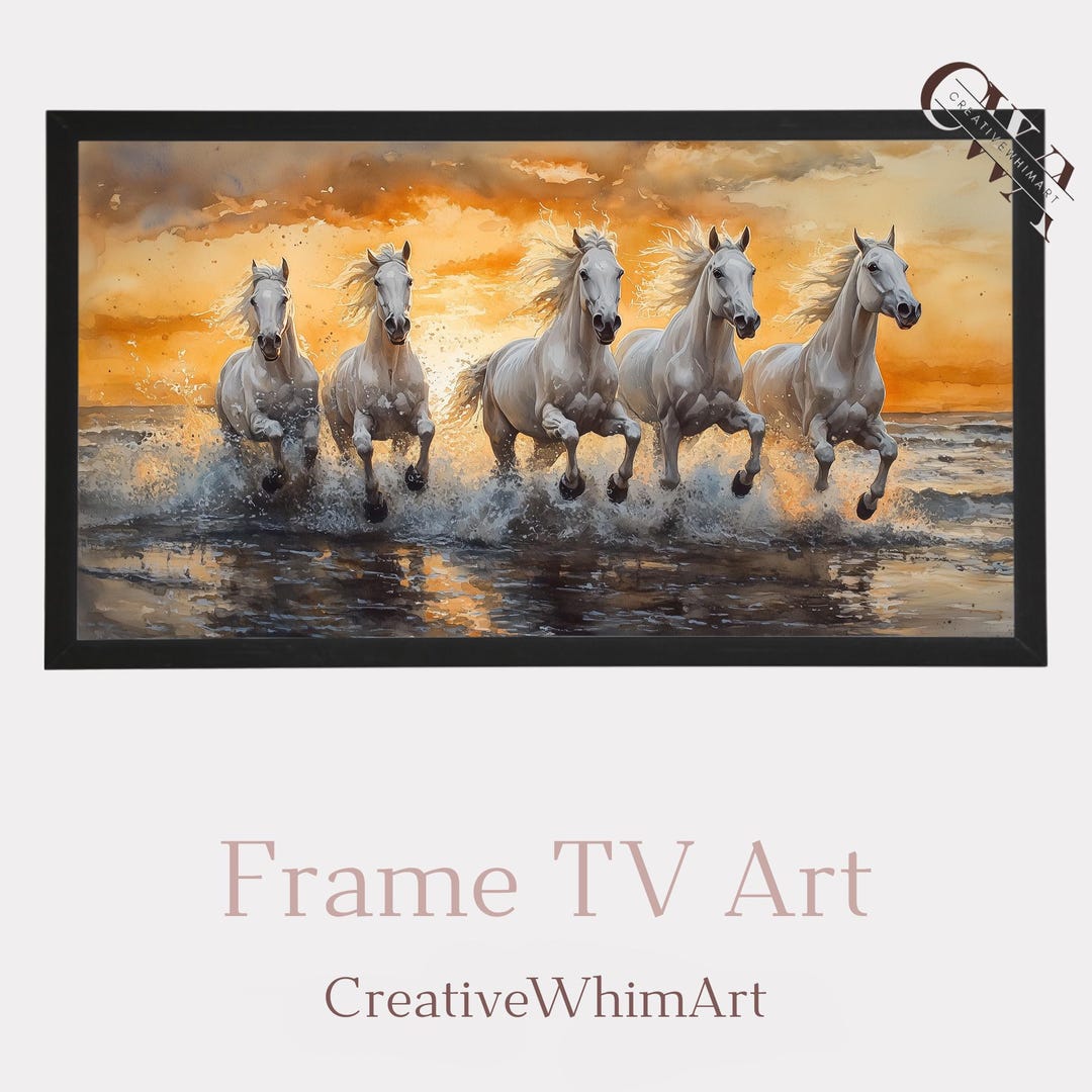 Majestic Coastal Horses Frame TV Art, Serene White Horses in Watercolor ...