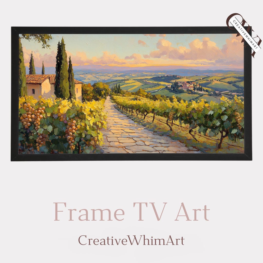 Rustic Vineyard Frame TV Art, Sunlit Pathway Landscape, Tuscan Country ...