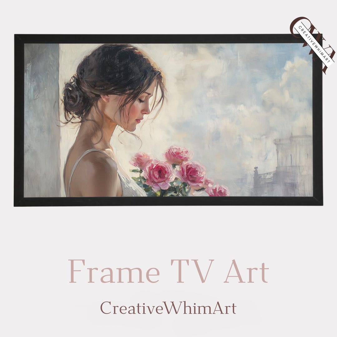 Vintage Romantic Female Portrait TV Art, Moody Pastel Roses Samsung ...