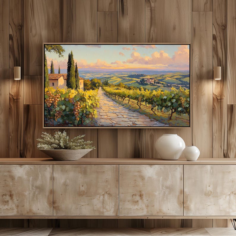 Rustic Vineyard Frame TV Art, Sunlit Pathway Landscape, Tuscan Country ...