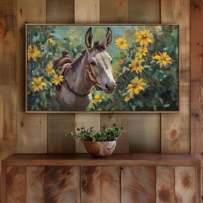 Rustic Donkey Portrait Frame TV Art, Cottagecore Farm Animal Painting ...