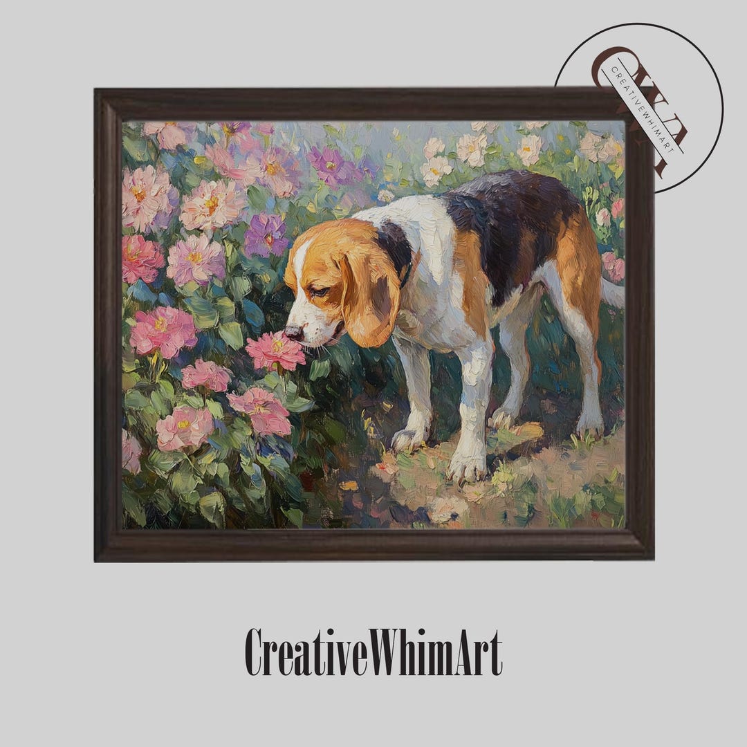 Printable Cottagecore Beagle in Garden - Pastoral Summer Scene, Cute ...