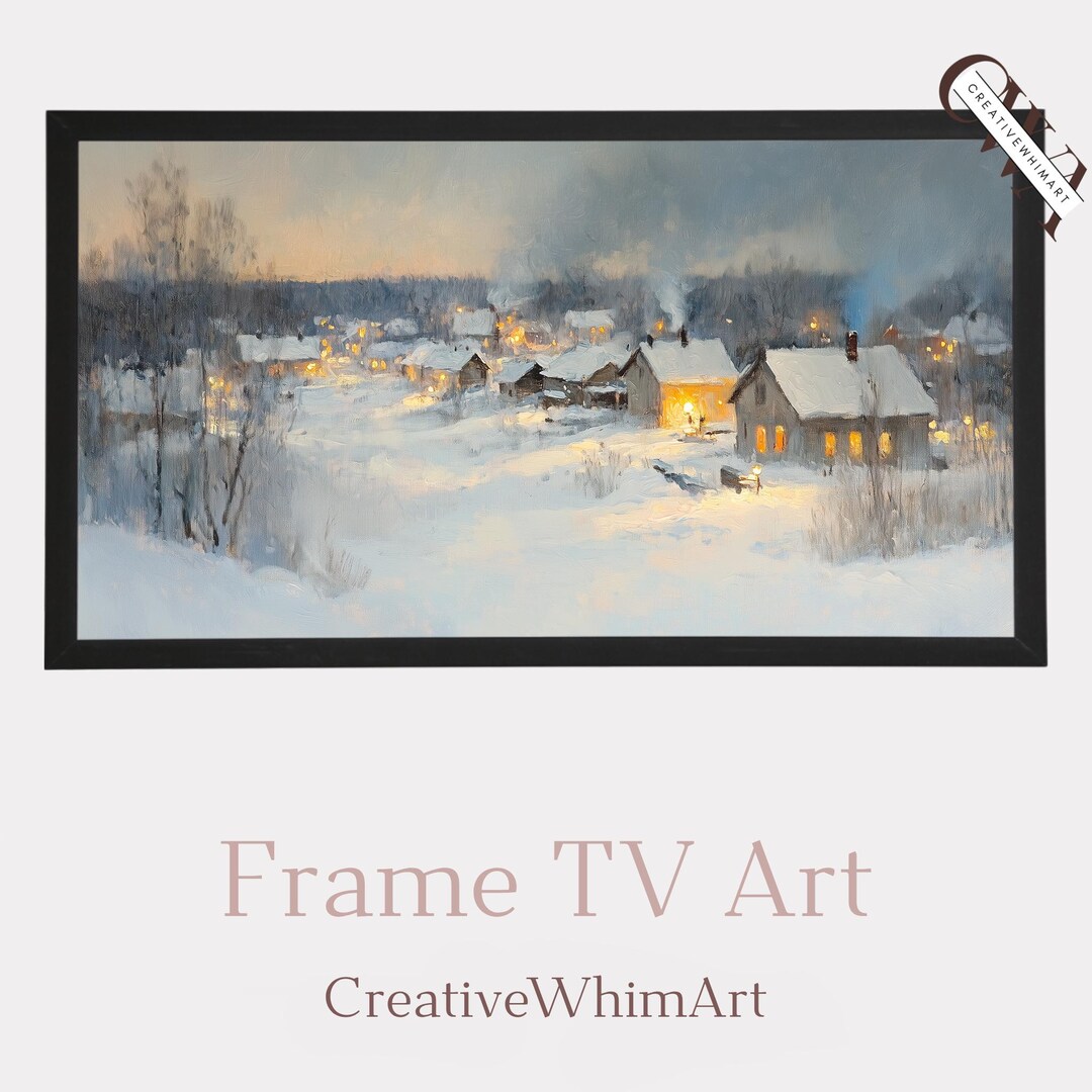Rustic Winter Village Frame TV Art, Moody Snowy Landscape TV Art ...