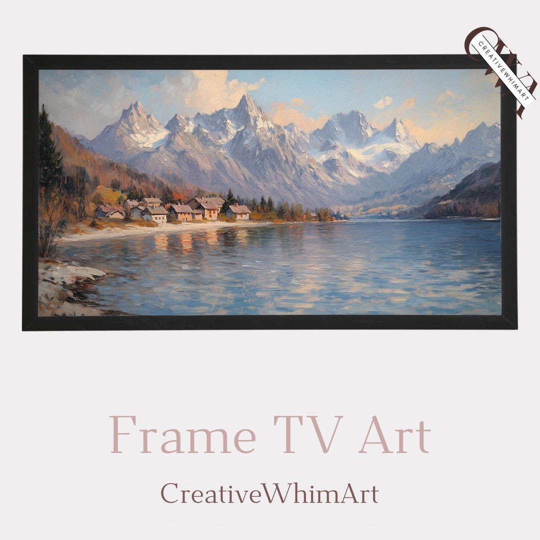 Rustic Alpine Lakeside Village Frame TV Art, Cottagecore Mountain ...