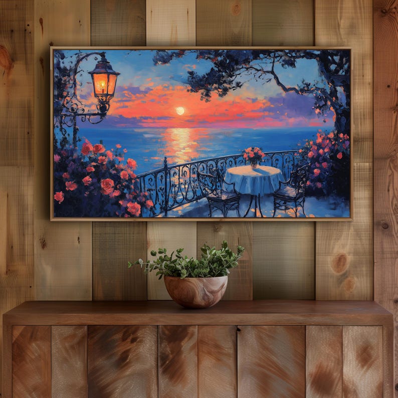 Vintage Seaside Cafe Balcony Frame TV Art, Romantic Coastal Landscape ...