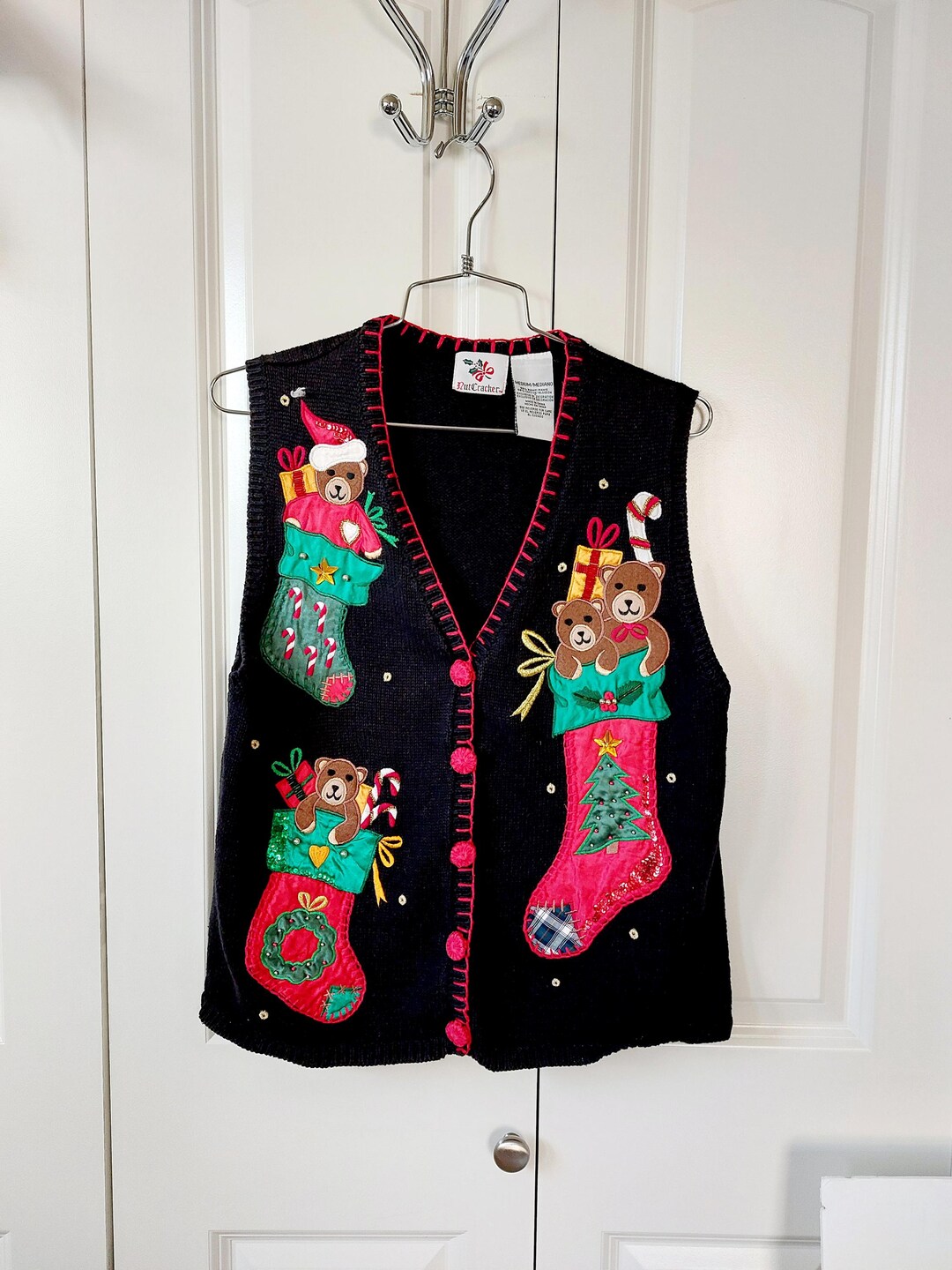Teddy Bear Stockings ugly Christmas Sweater Vest Size Medium Vintage ...