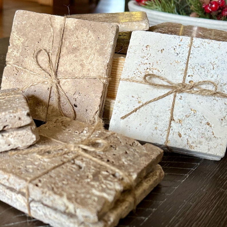 Tumbled Natural Stone Travertine Coaster Set 4x4 - Neutral Walnut ...