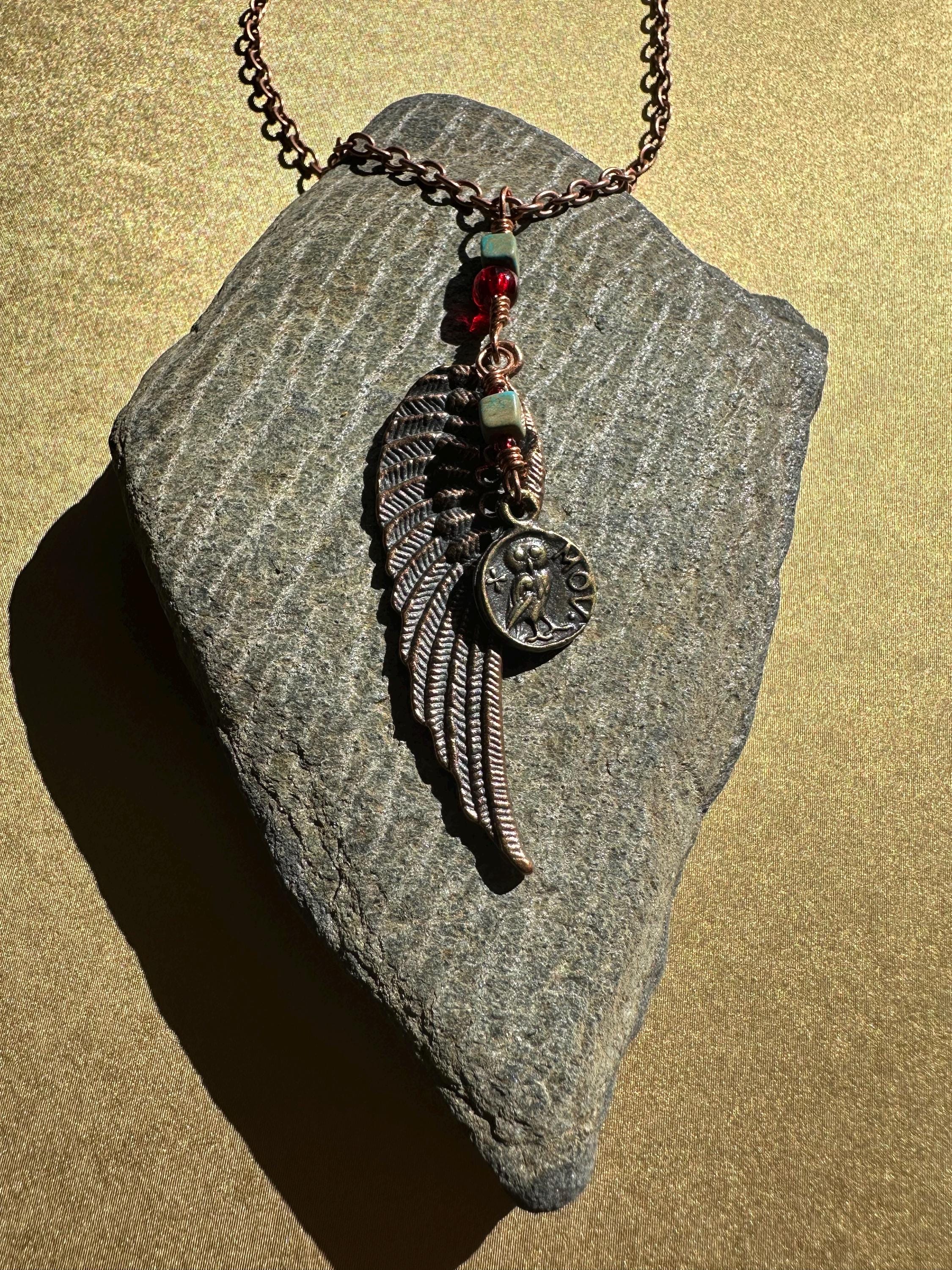 Red Copper Wing and Owl of Athena Coin Chain Necklace - Etsy