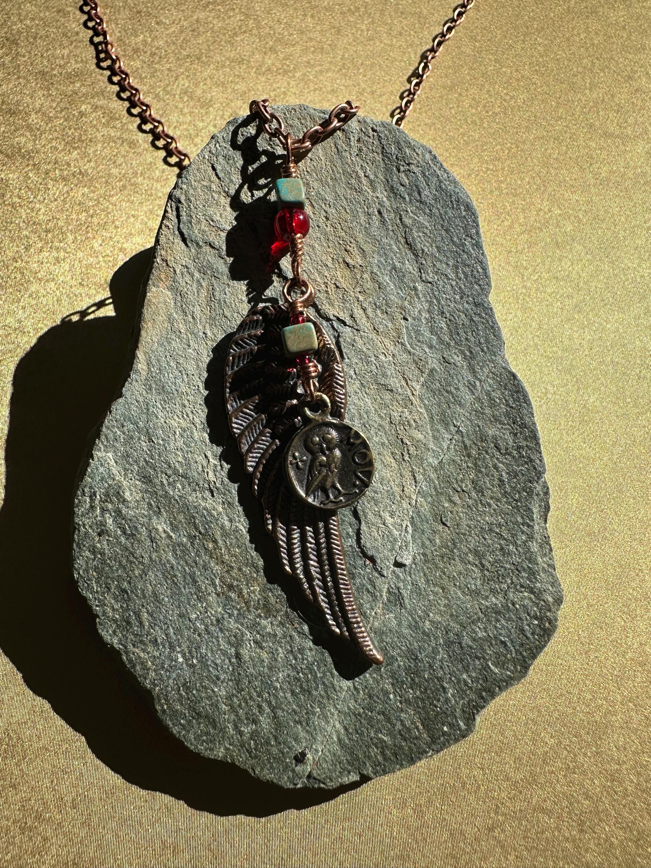 Red Copper Wing and Owl of Athena Coin Chain Necklace - Etsy