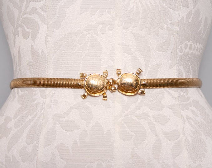 Skinny Gold Stretch Belt With Turtle Buckle Medium 1980s Vintage - Etsy