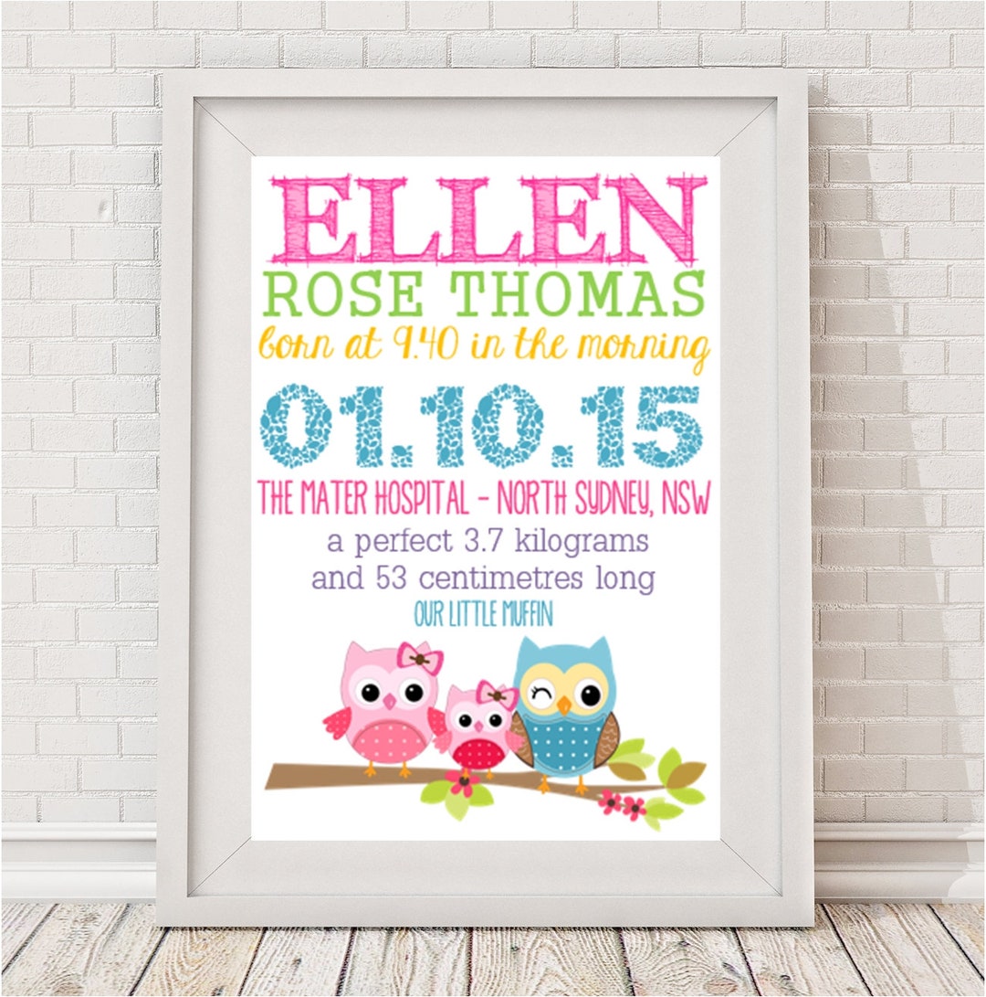 Classic Owls Baby Details Nursery Birth Print // Physical Print or ...