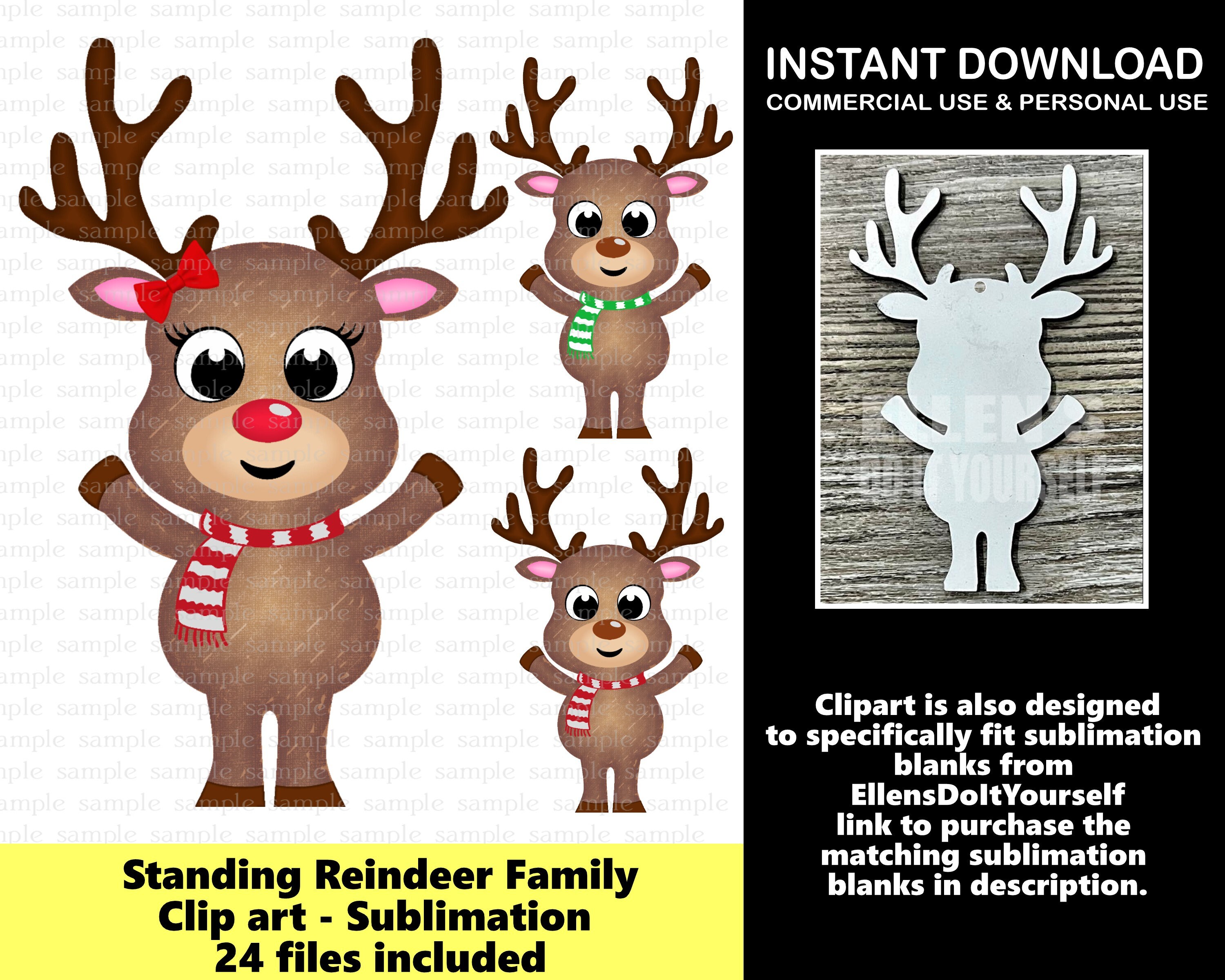 Reindeer Clipart - Ornament Sublimation - Clip Art - 24 Designs ...