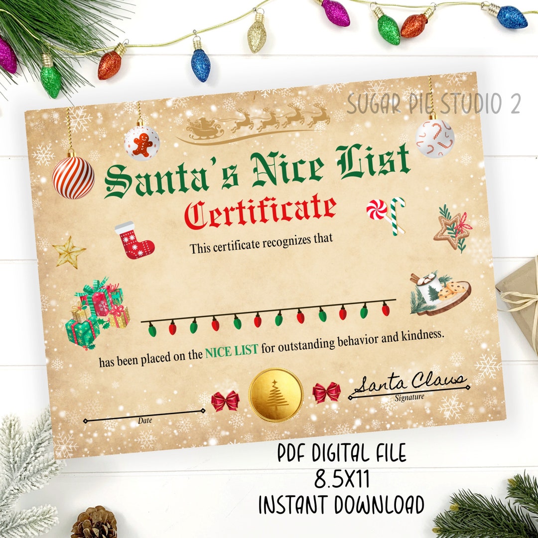 Christmas Santa Nice List Certificate Digital File PDF Personal or ...