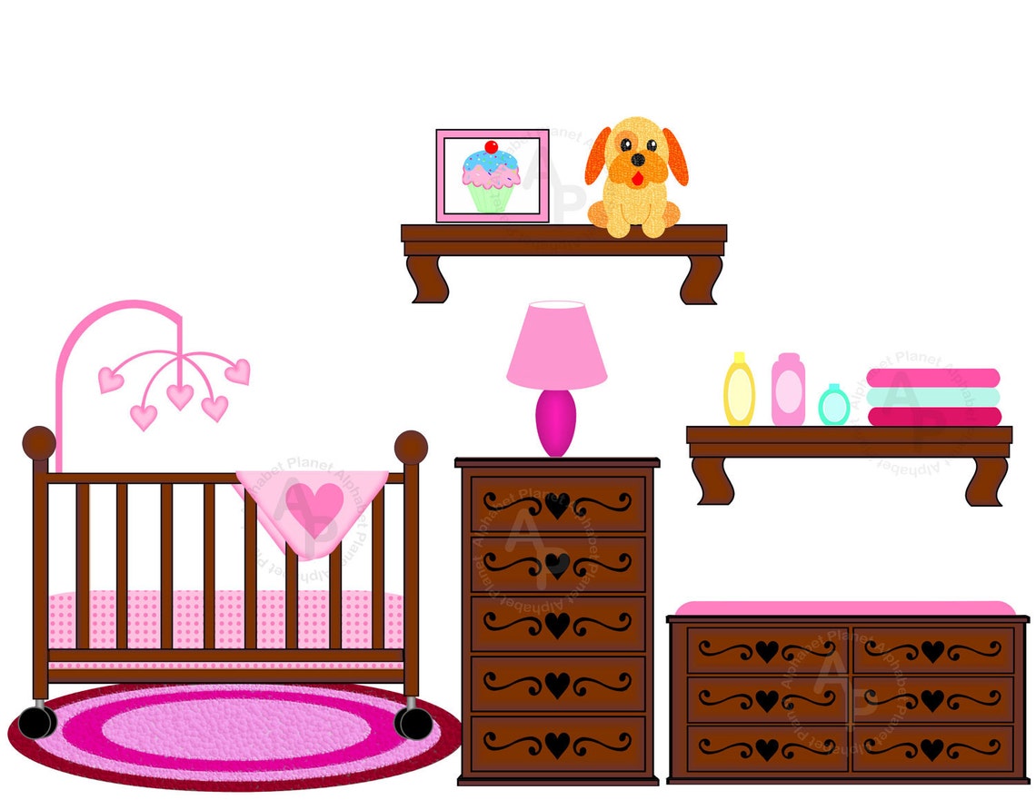 Baby Girl Nursery Crib Changing Table Digital Clip Art Set, Clipart ...