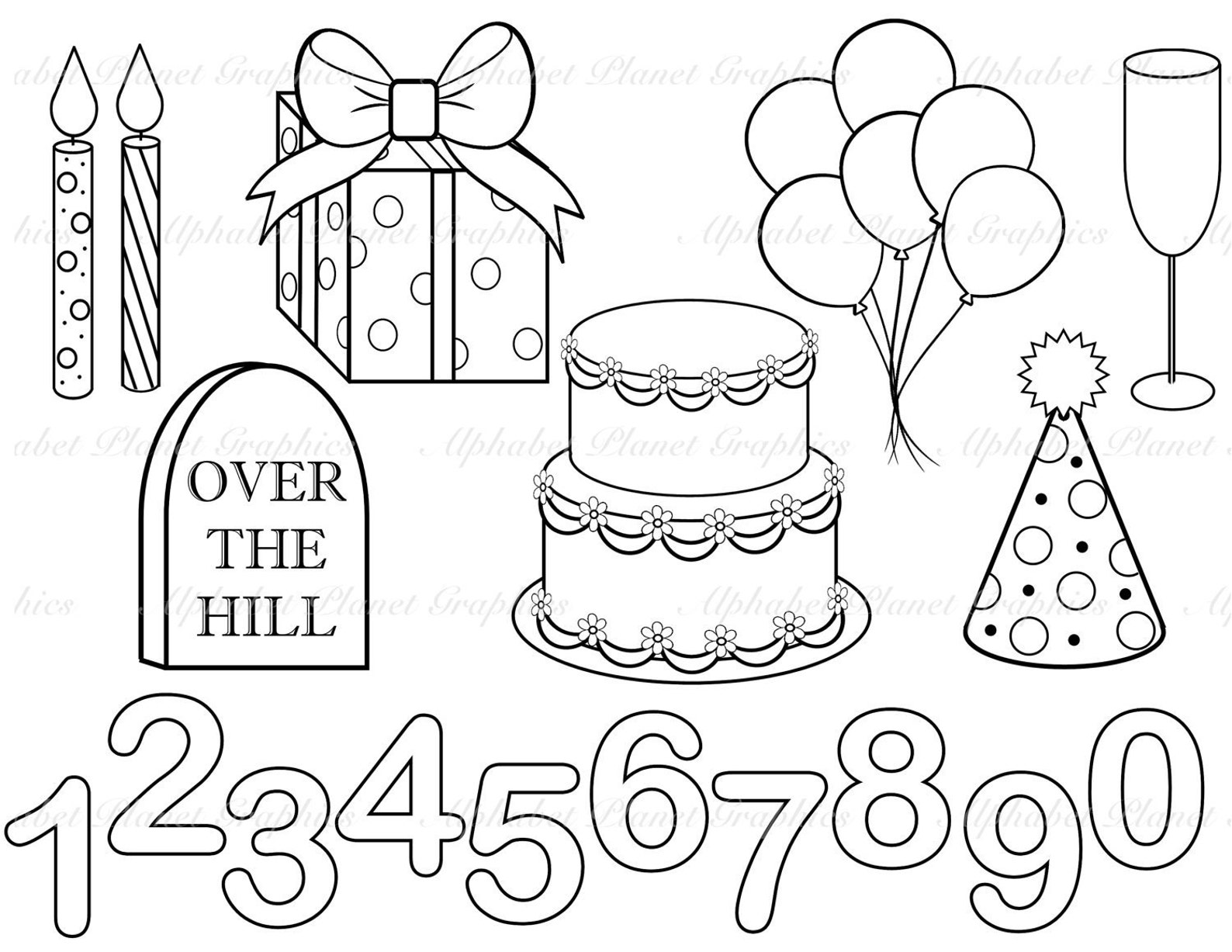 Black and White Happy Birthday Digital Clip Art Set, Digital Stamps ...