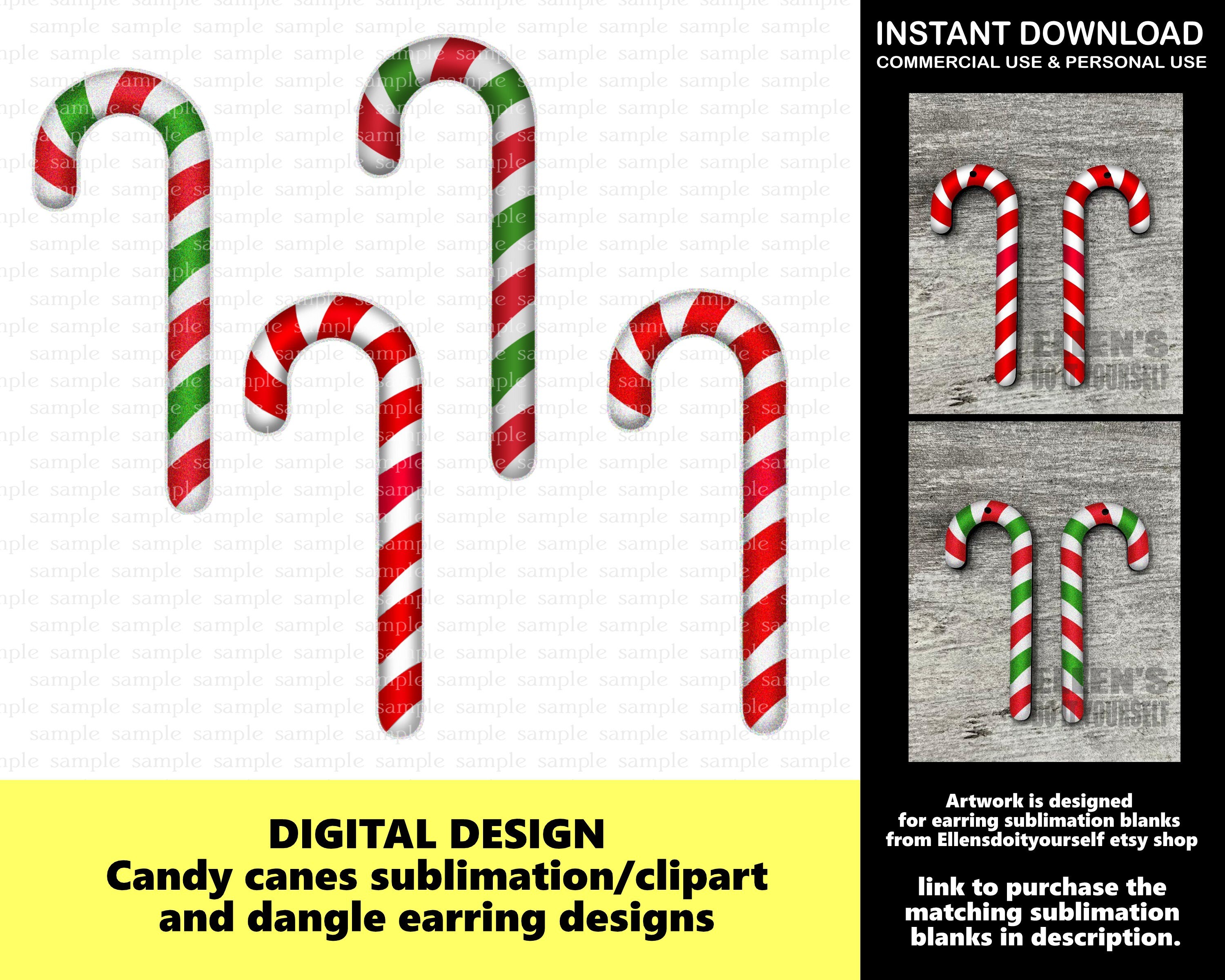 Candy Cane Sublimation Earring Design Clipart Clip Art Graphic Dangle ...