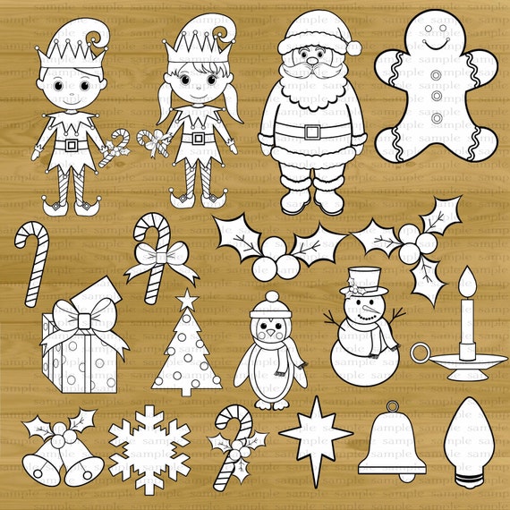 Christmas Elf Clip Art Set Digital Stamps Black and White - Etsy