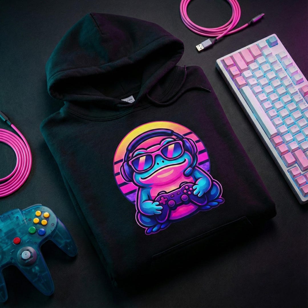 Retro Synthwave Frog Hoodie | 80s Aesthetic Gamer Sweatshirt | Neon ...