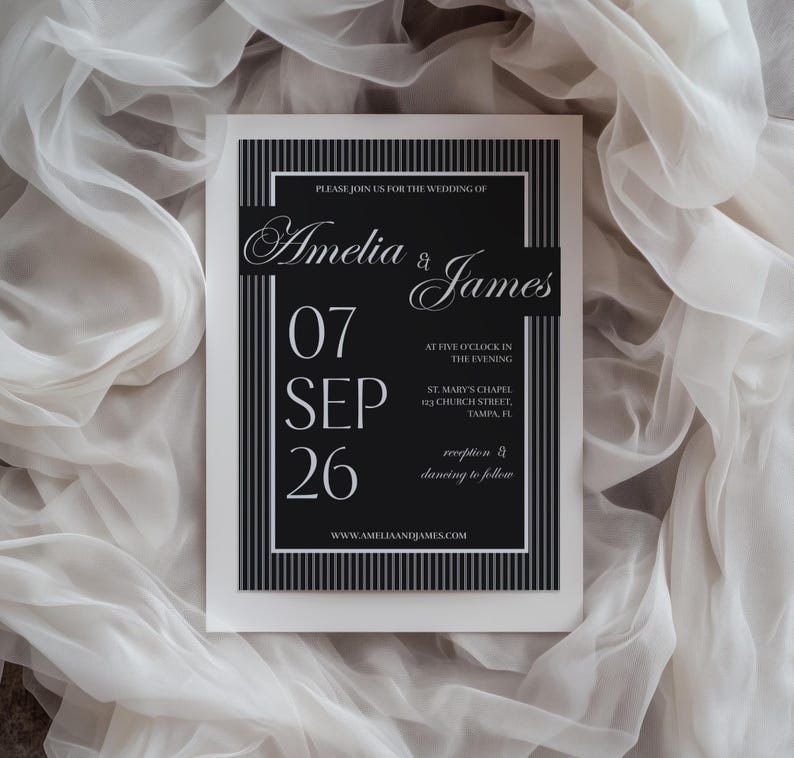 Vintage Black and White Stripe Wedding Invitation Template (editable ...