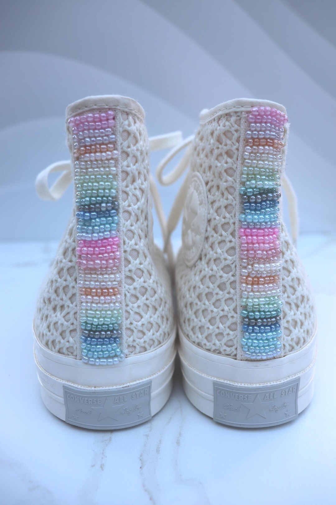 Pastel Rainbow Beaded Heel Converse | Cream Crochet Lace High Tops ...