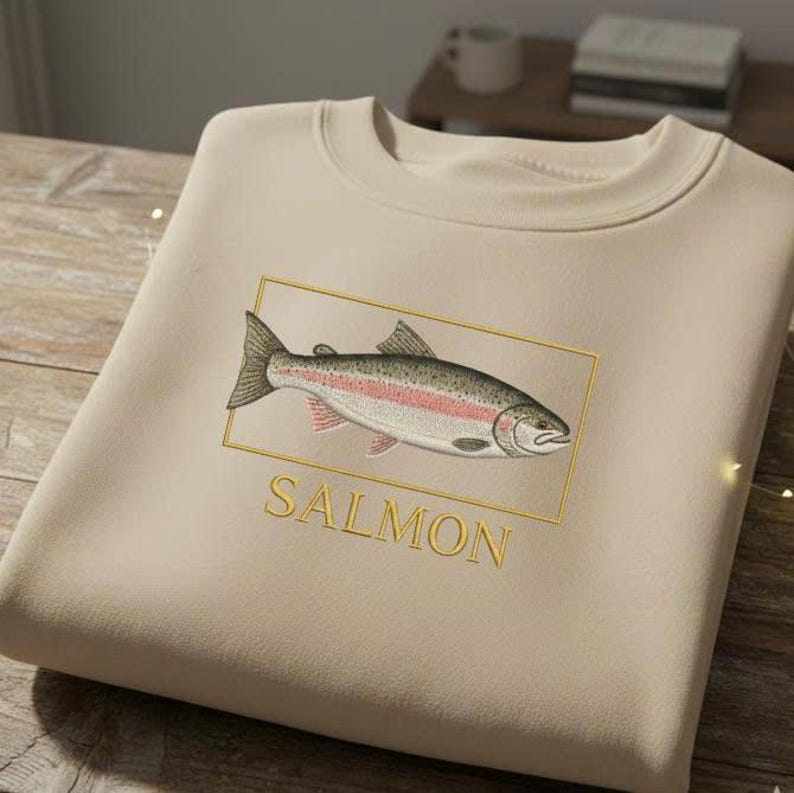 Embroidered Salmon Sweatshirt, Vintage Fish Design, Fisherman Aesthetic ...