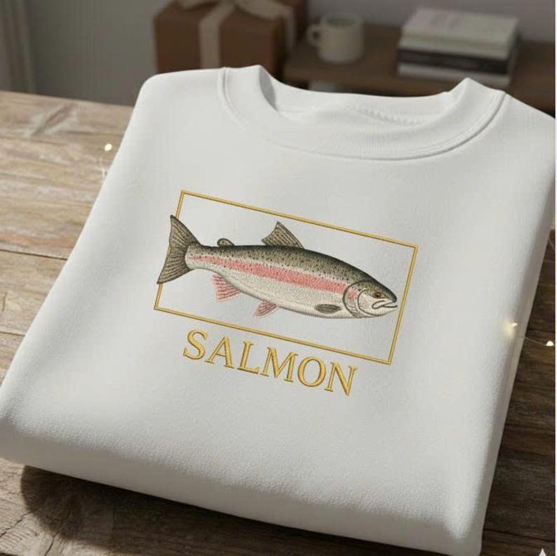 Embroidered Salmon Sweatshirt, Vintage Fish Design, Fisherman Aesthetic ...