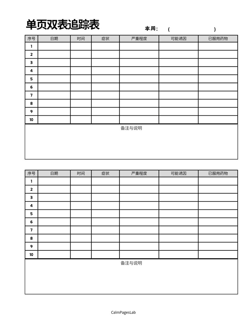 Dual Symptom Tracker Printable, 单页双表追踪表, Compact Pain Log, Weekly ...