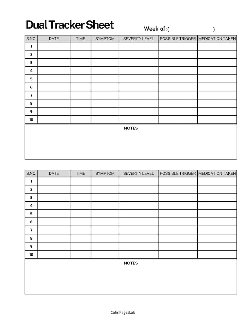 Dual Symptom Tracker Printable, 单页双表追踪表, Compact Pain Log, Weekly ...