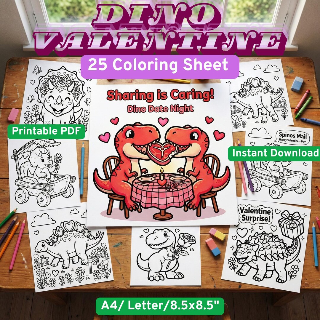 Kawaii Dino-mite Valentine Coloring Pages, Kids Classroom Activity (PDF ...