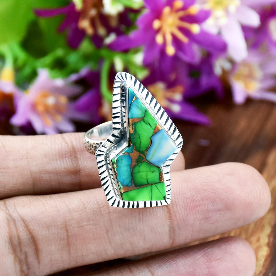 Peacock Dahlia Turquoise Lightning Bolt Ring, Sterling Silver Statement ...