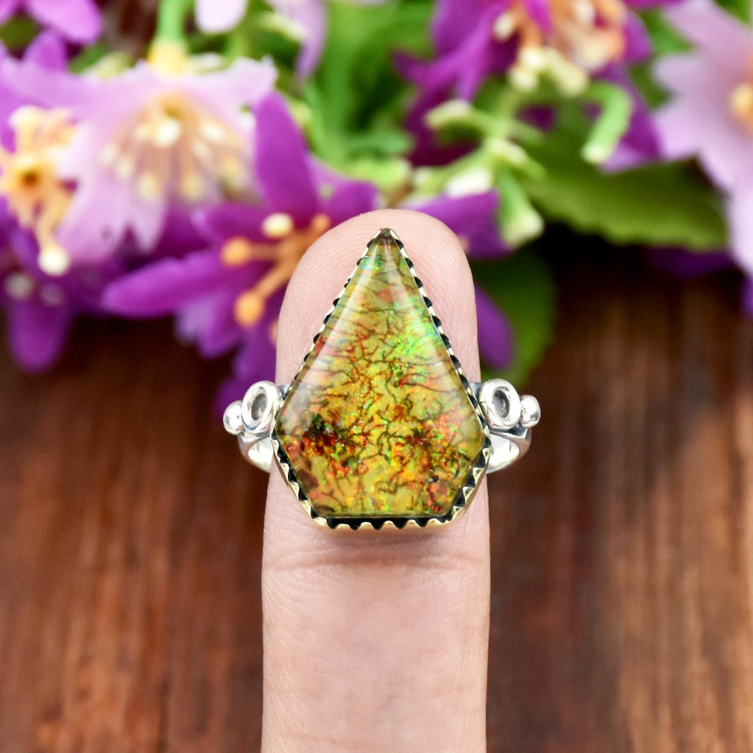 Aurora Opal Leaf Ring | Iridescent Freeform Gemstone | Green Red Fire ...