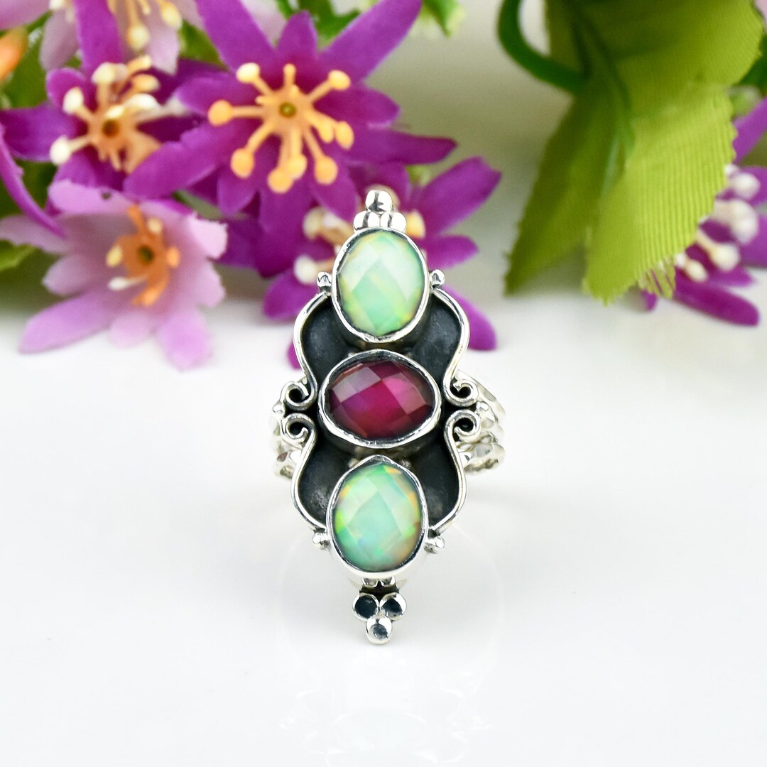 Buy Boho Western Aurora Opal Ring, 925 Sterling Silver Filigree Jewelry ...