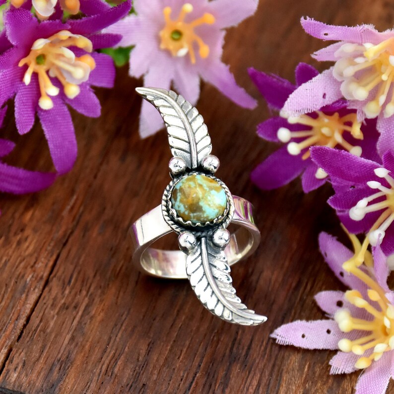 Buy Mohave Turquoise Double Feather Ring, Sterling Silver Leaves Ring ...