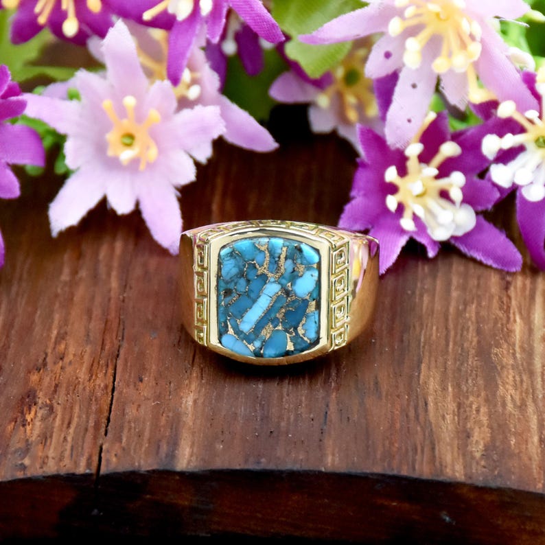 Buy Blue Copper Turquoise Men's Ring, Sterling Silver Hexagon Stone ...