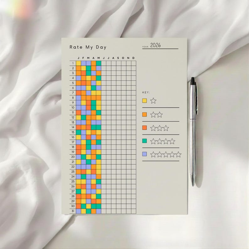 Rate My Day Printable Yearly in Pixels Daily Self Reflection Journal ...