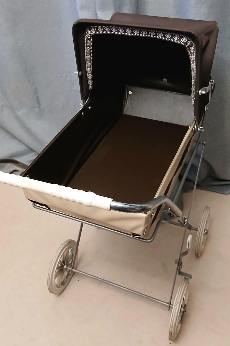Vintage 1970s Doll's Pram, Brown Beige Plastic Fabric, Foldaway Toy ...